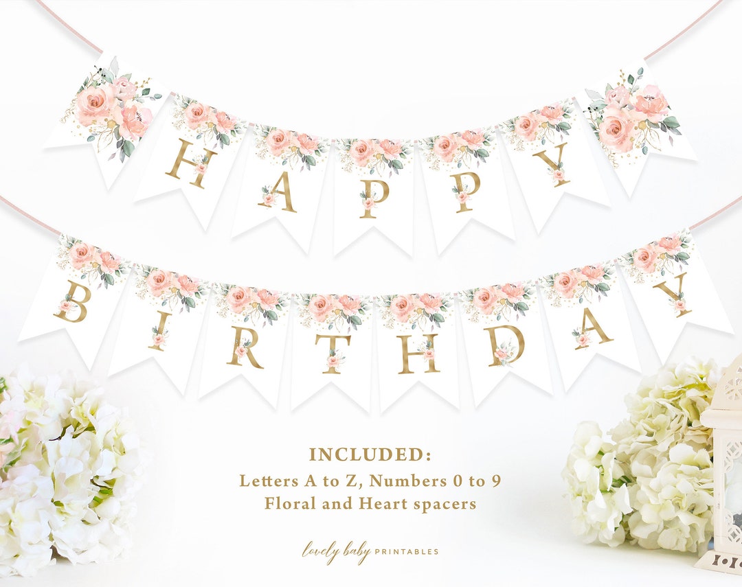 Blush Floral Party Banner Printable Happy Birthday Banner DIY Baby ...