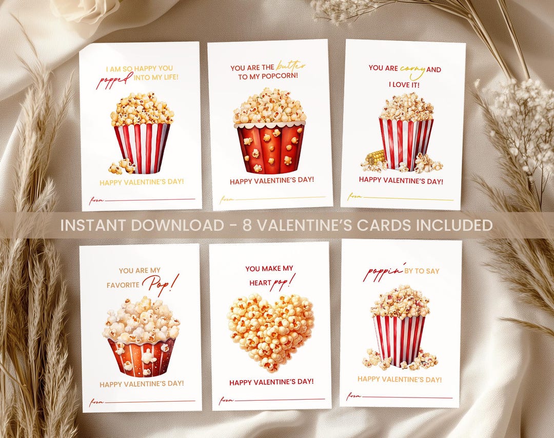Printable Popcorn Valentine Cards, Funny Pun Valentine Day Gift Tags ...