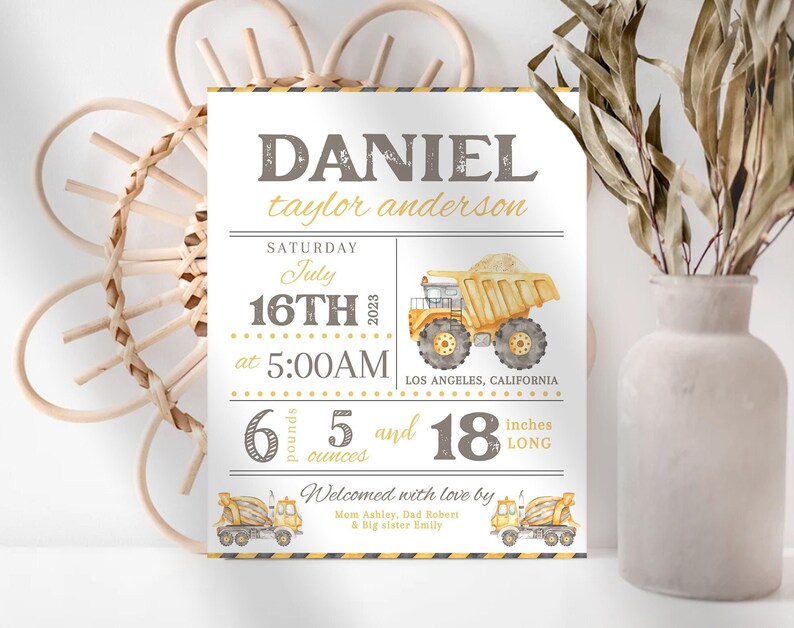 Printable Birth Stats Sign Construction Theme Birth - Etsy