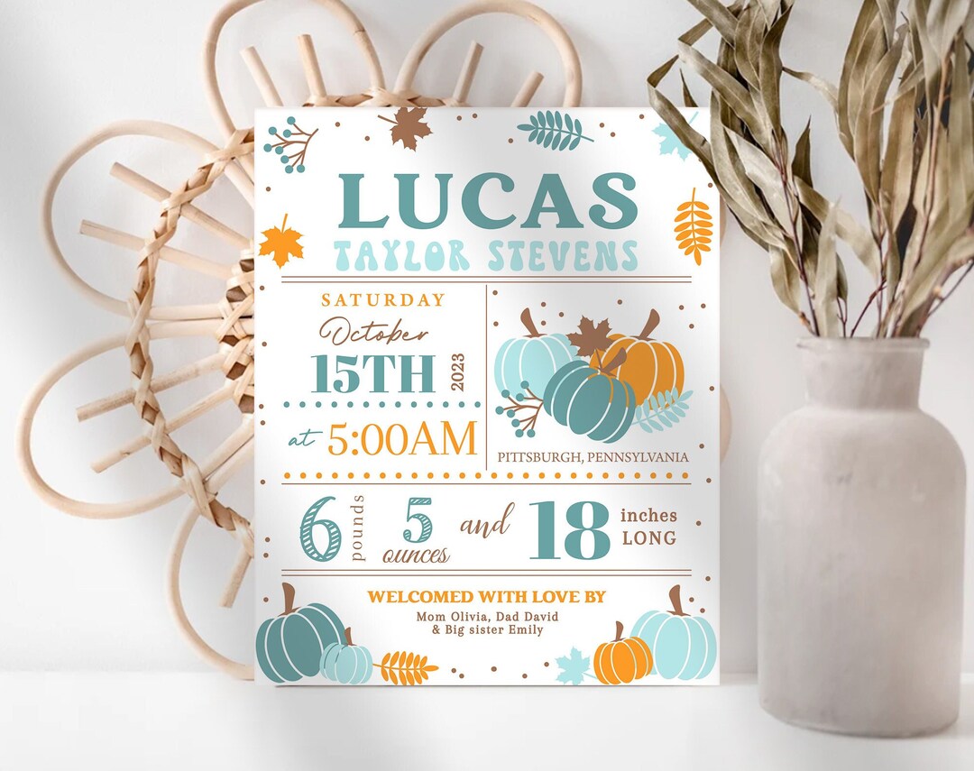 Editable Birth Stats Sign, Birth Announcement Poster Our Little Pumpkin ...