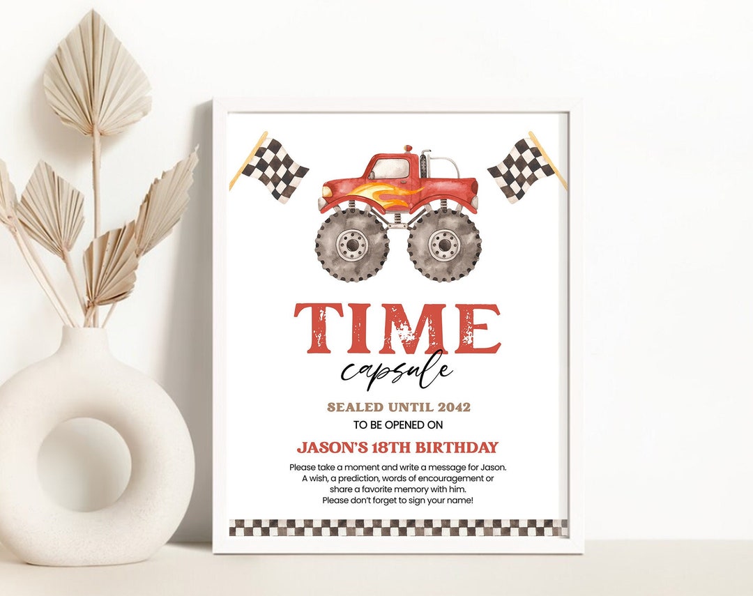 Birthday Time Capsule Sign, Card | Monster Truck, Start Your Engine ...