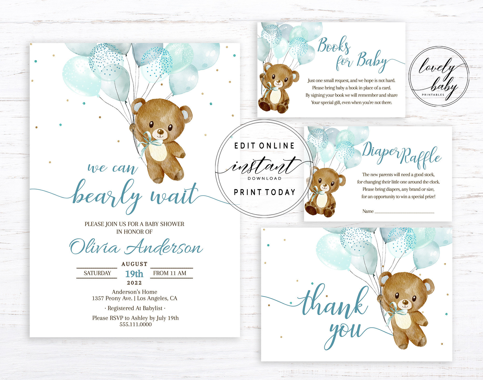 Editable Teddy Bear Baby Shower Invitation Set Printable Baby | Etsy