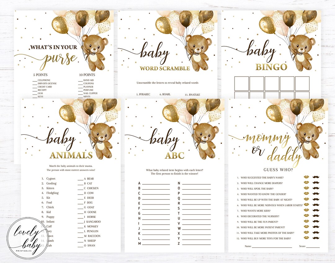 Teddy Bear Baby Shower Games Set Printable Games Bundle Gold Balloons ...