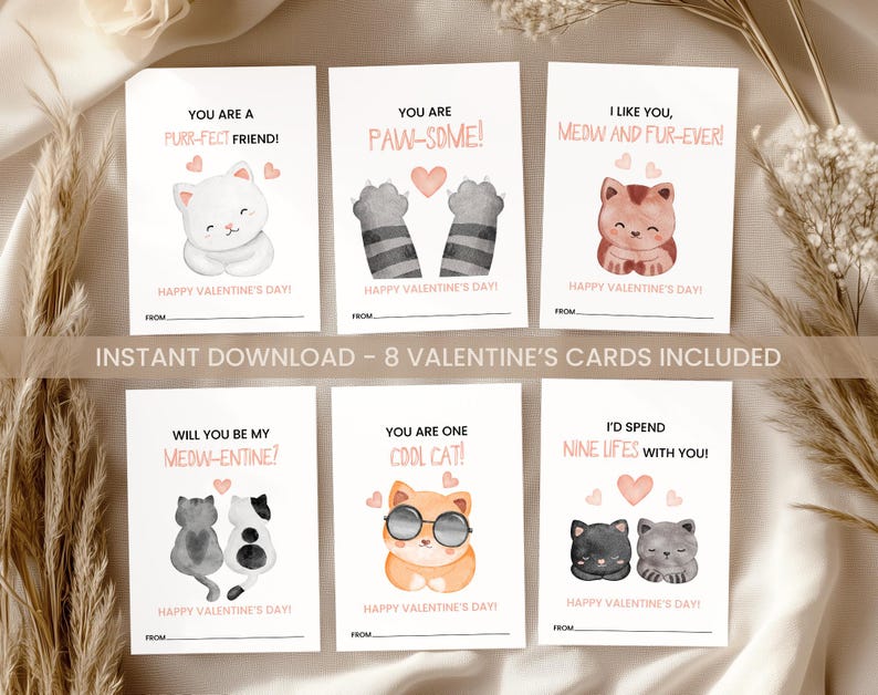 Printable Cats Valentines Cards, Kids Valentine Day Gift Tags, Funny ...