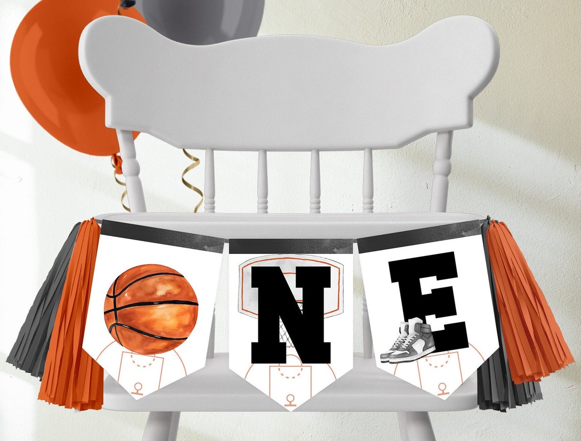 Basketball 1st Birthday High Chair Banner, ONE Party Banner (digital ...