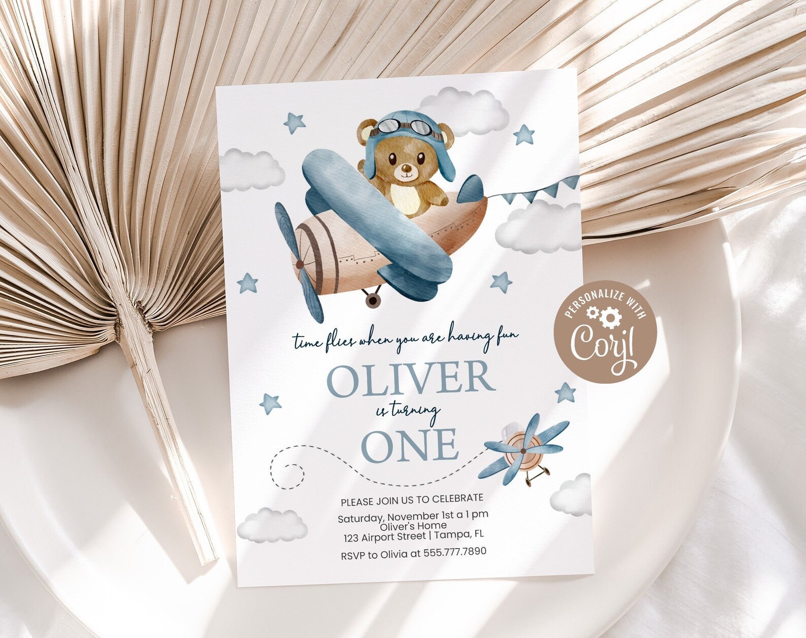 Airplane Boy 1st Birthday Invitation, Teddy Bear Jet Pilot First ...