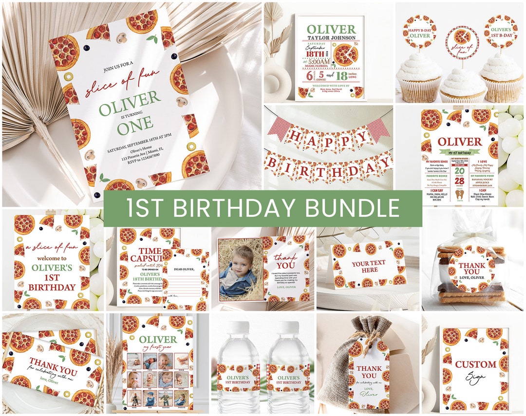 Pizza Birthday Bundle, Boys 1st Birthday Invite | Pizza Party, Slice of ...