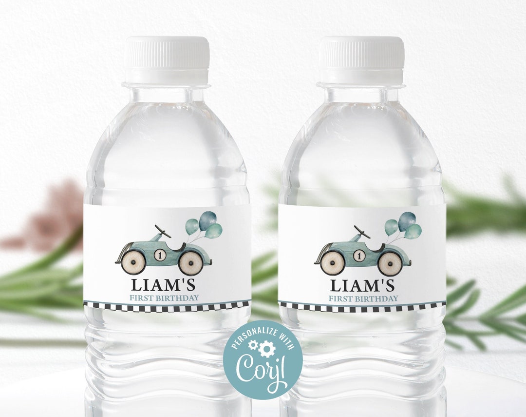 Editable Water Bottle Label Template | Race Car, Fast ONE, Blue Retro ...