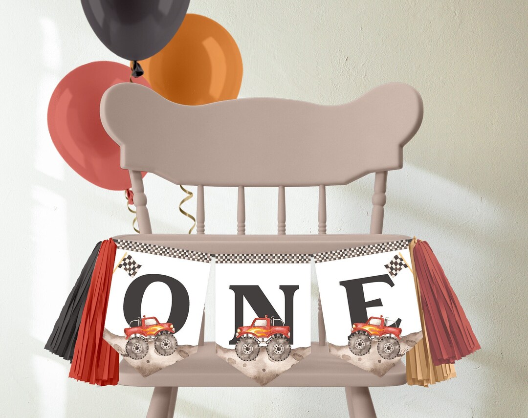 High Chair Banner, Boys Birthday ONE Banner | Monster Truck, Start Your ...