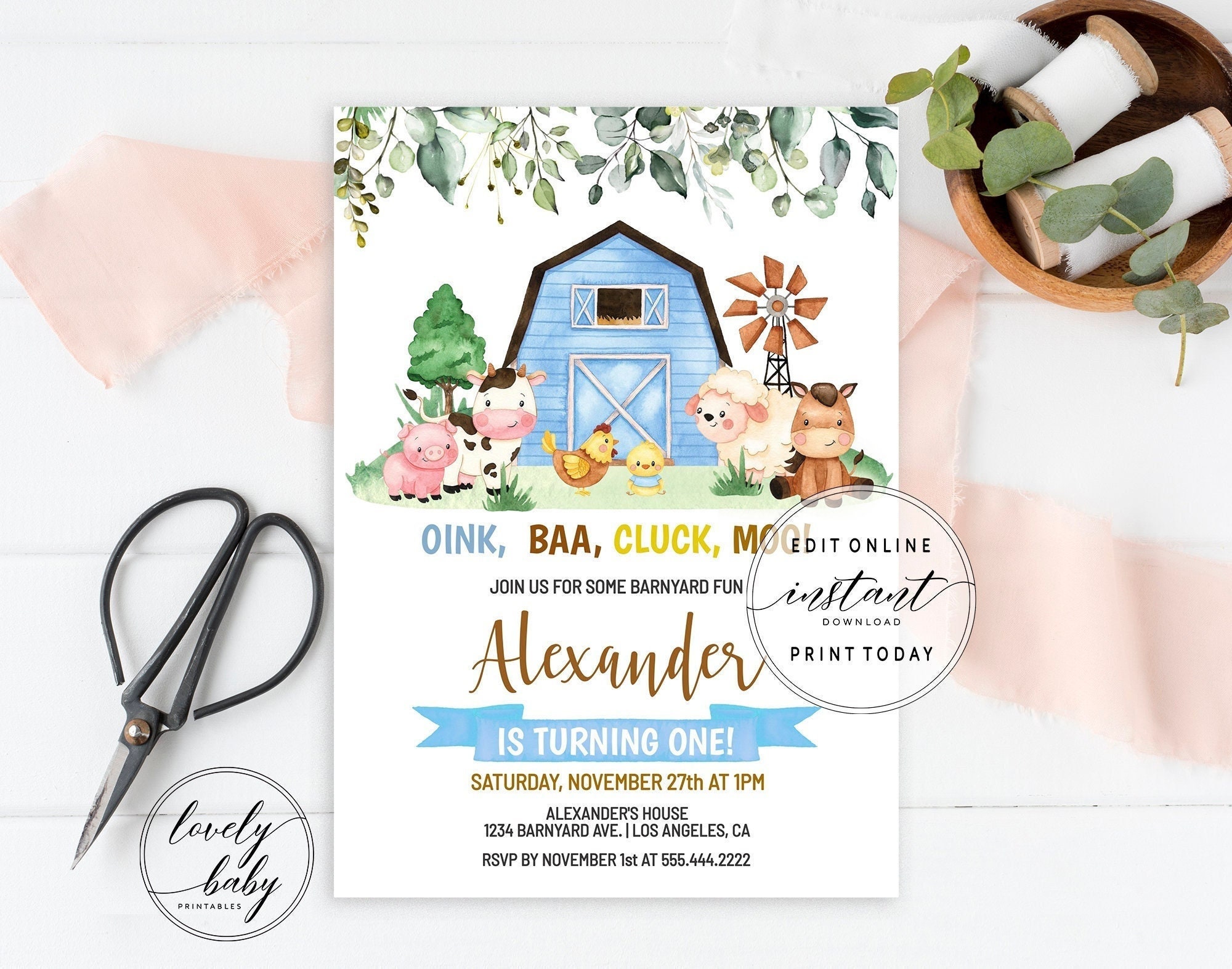 Editable Farm Birthday Invitation Template Printable Baby Boy | Etsy