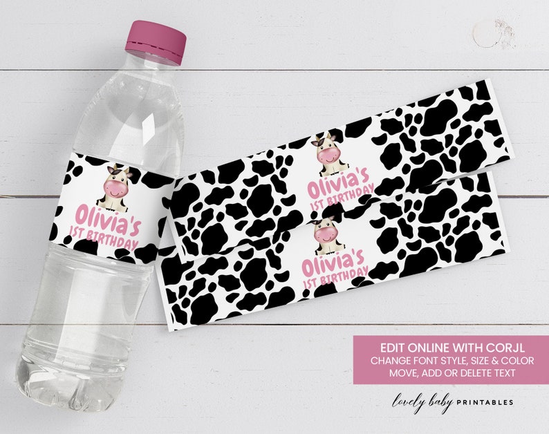 Editable Water Bottle Labels | Holy Cow I'm ONE, Cow Print | Printable ...