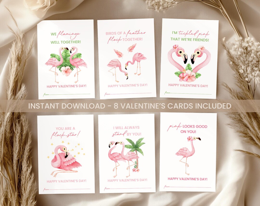 Printable Flamingo Valentines Cards, Kids Valentine Day Gift Tag, Funny ...