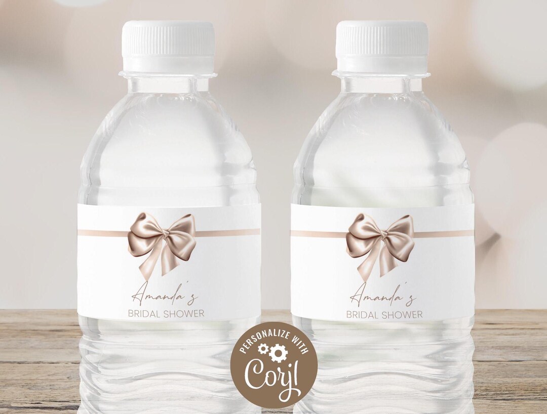 Editable Water Bottle Labels | Beige Bow, She's Tying the Knot, Elegant ...