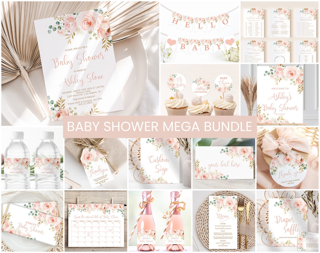 Baby Shower Invitation BUNDLE Printable Baby Shower Invite Blush Floral ...