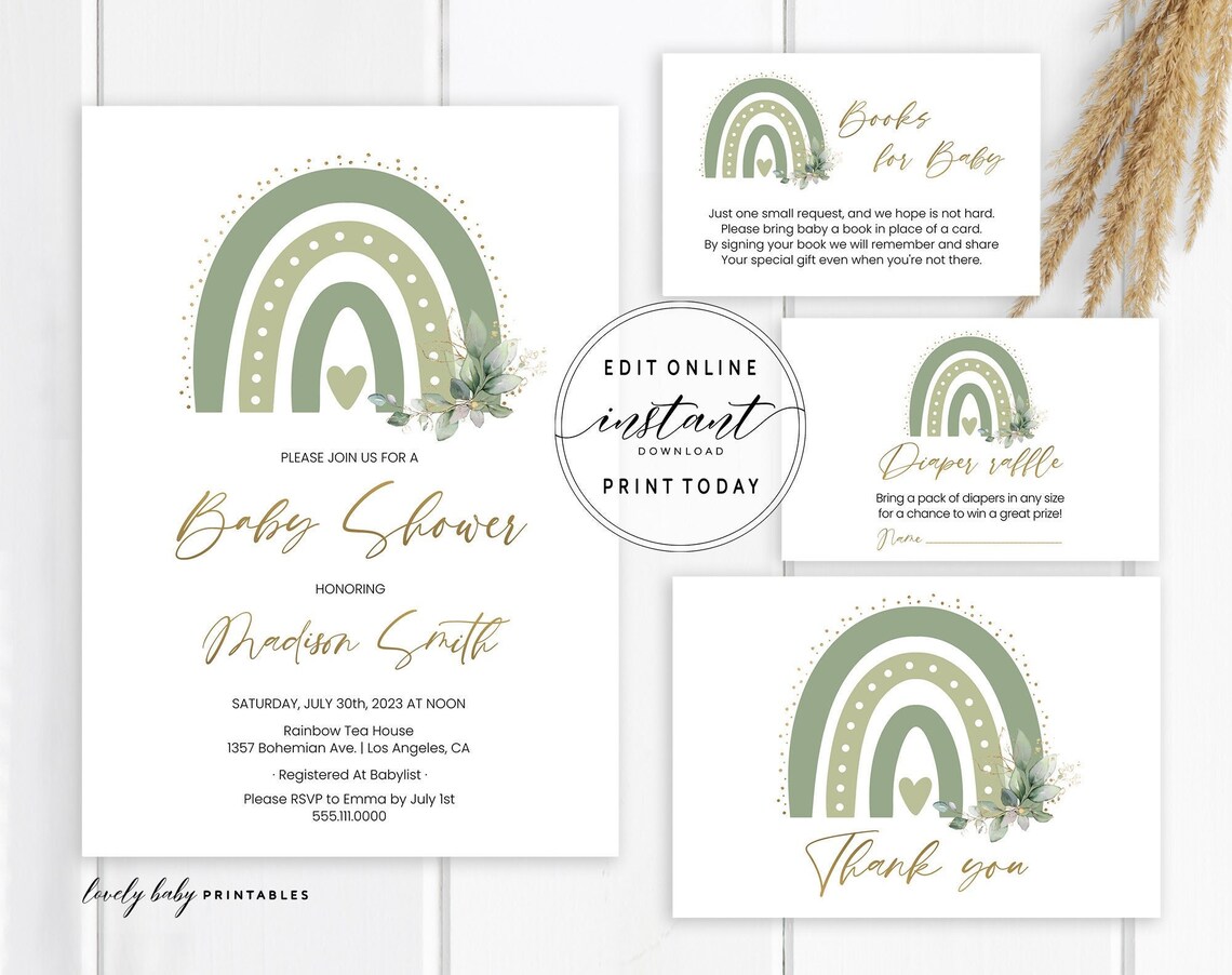 Boho Rainbow Baby Shower Invitation Bundle Printable Gender - Etsy