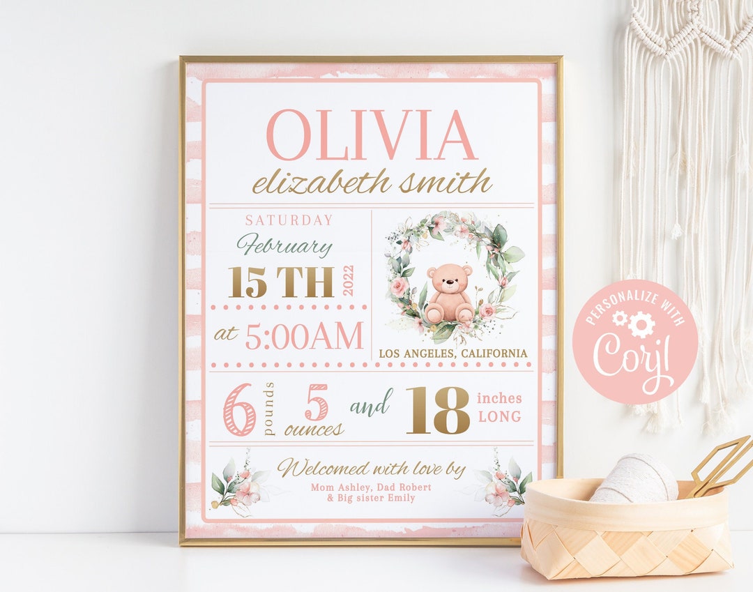 Blush Floral Baby Birth Stats Sign Printable Teddy Bear Birth ...