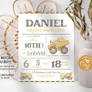 Printable Birth Stats Sign Construction Theme Birth Announcement Dump ...