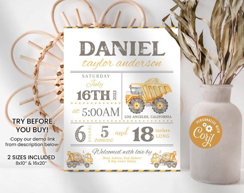 Printable Birth Stats Sign Construction Theme Birth - Etsy