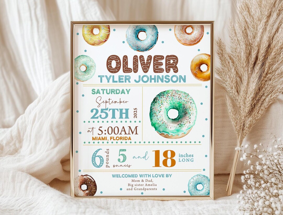 Birth Stats Sign, Boys Birth Announcement | Donut, Sweet ONE, Blue ...