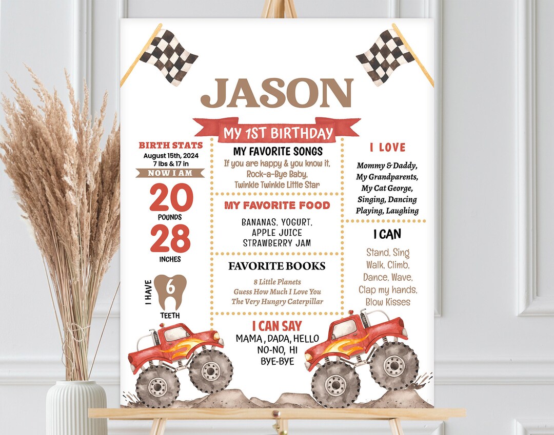 First Birthday Milestone Sign, Poster | Monster Truck, Start Your ...