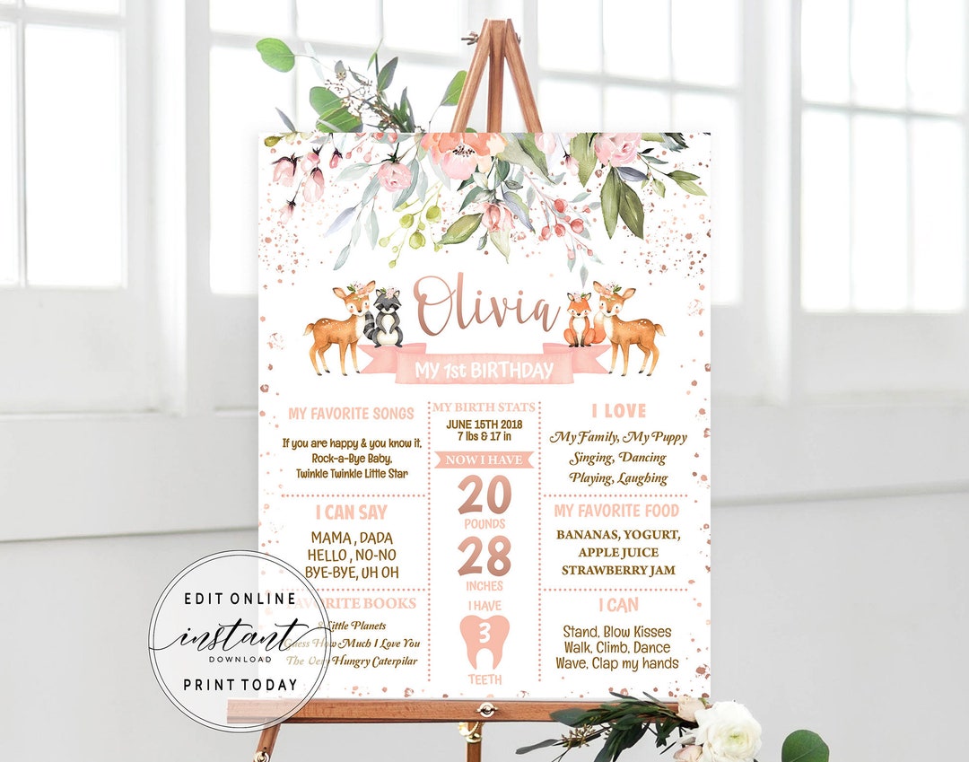 Woodland Birthday Milestone Board Printable Milestone Poster Boy 1st ...