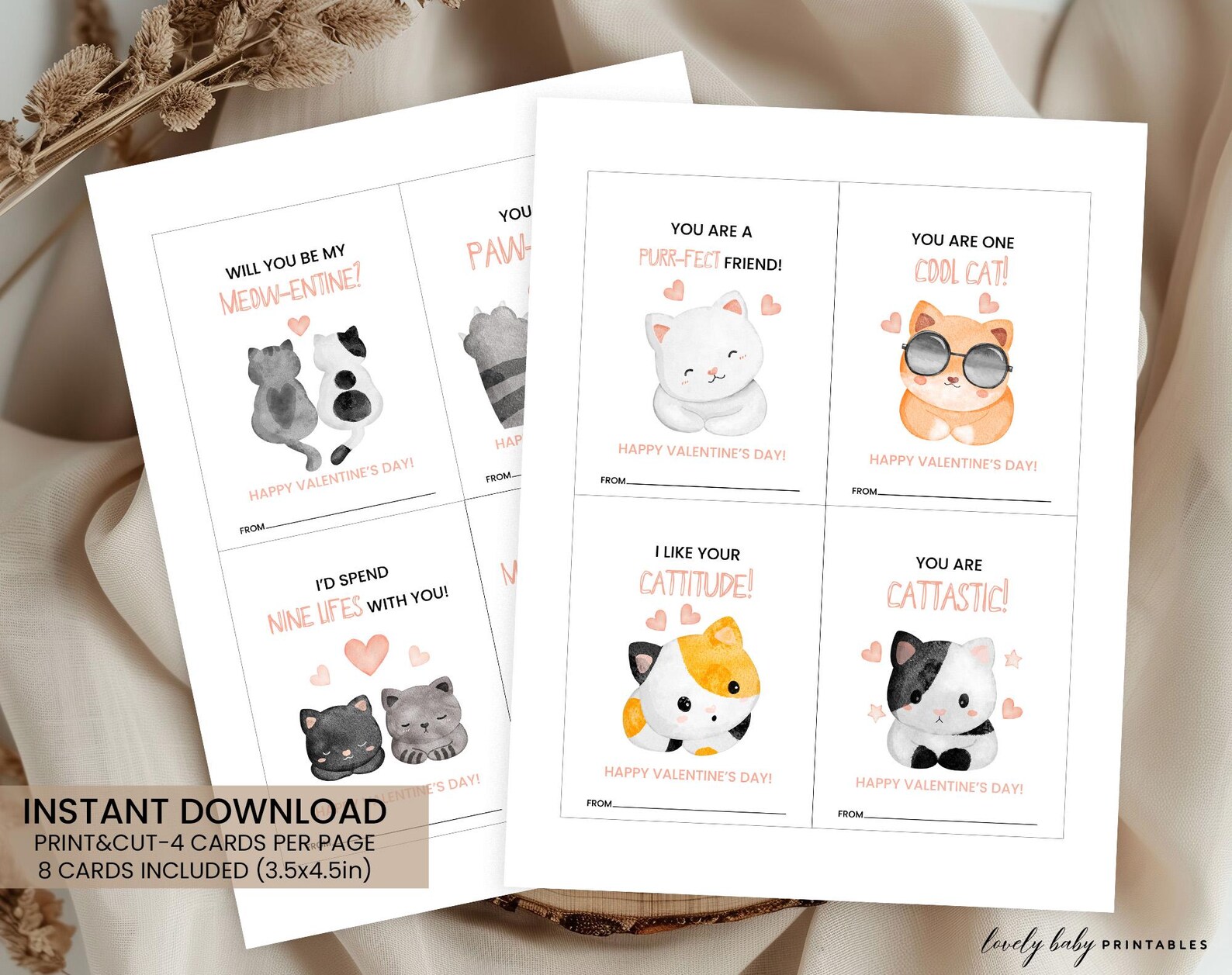Printable Cats Valentines Cards, Kids Valentine Day Gift Tags, Funny ...