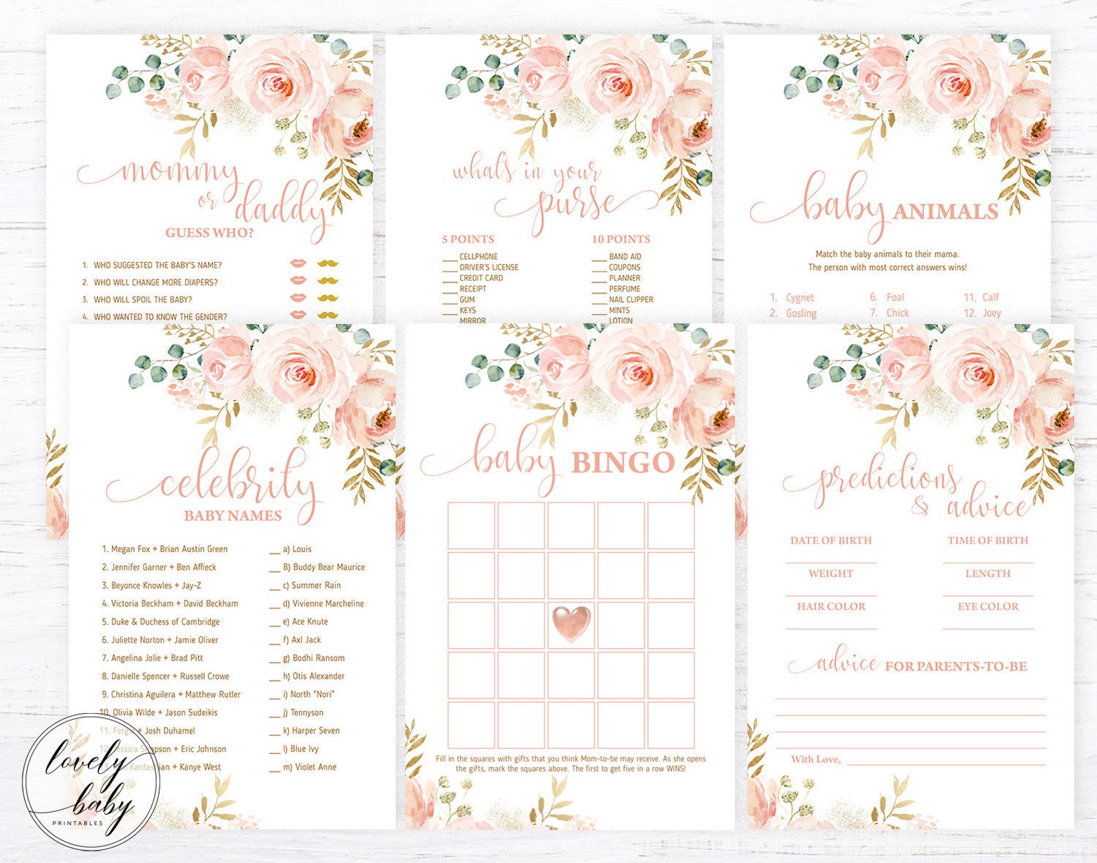 Printable Baby Shower Games Pack Blush Pink Floral Baby Shower | Etsy