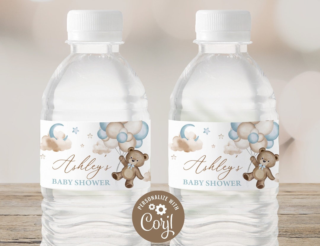 Teddy Bear Baby Shower Water Bottle Labels | Blue Balloons (digital ...