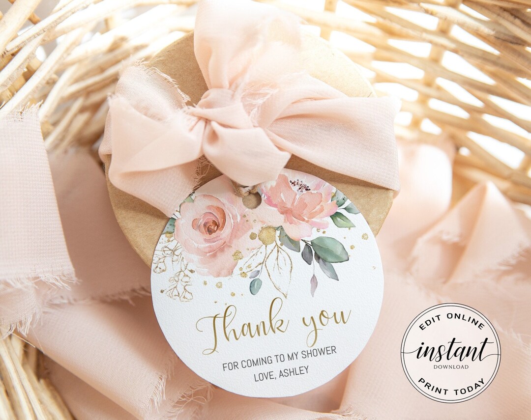Round Favor Tags, Baby Shower Gift Tags | Blush Pink Floral Gold ...