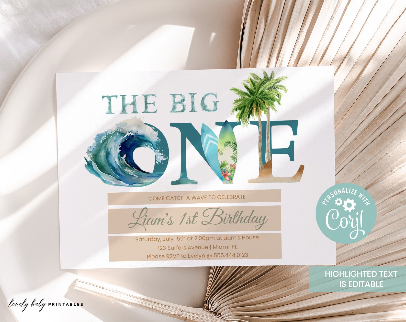 The Big ONE Surf 1st Birthday Invitation | Surf Waves, Beach, Surfboard ...