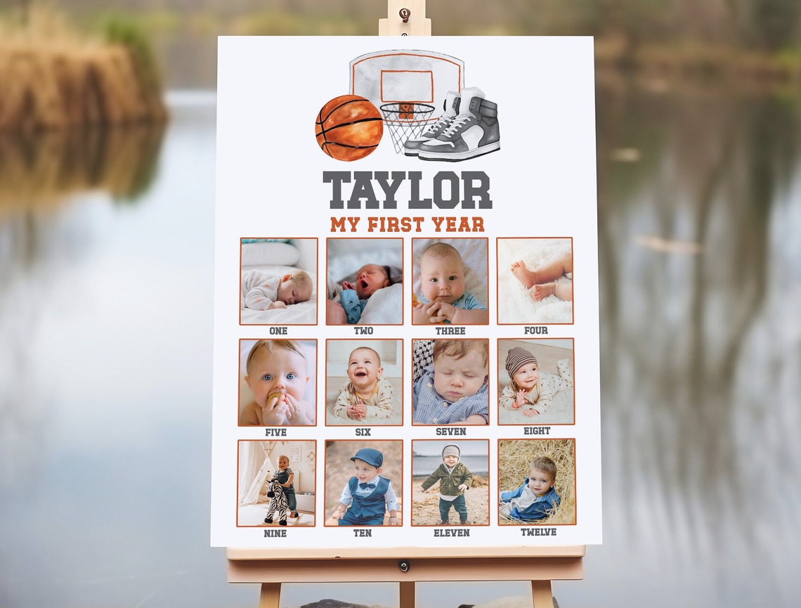 Basketball 1st Birthday Photo Milestone Poster, 12 Month Baby First ...