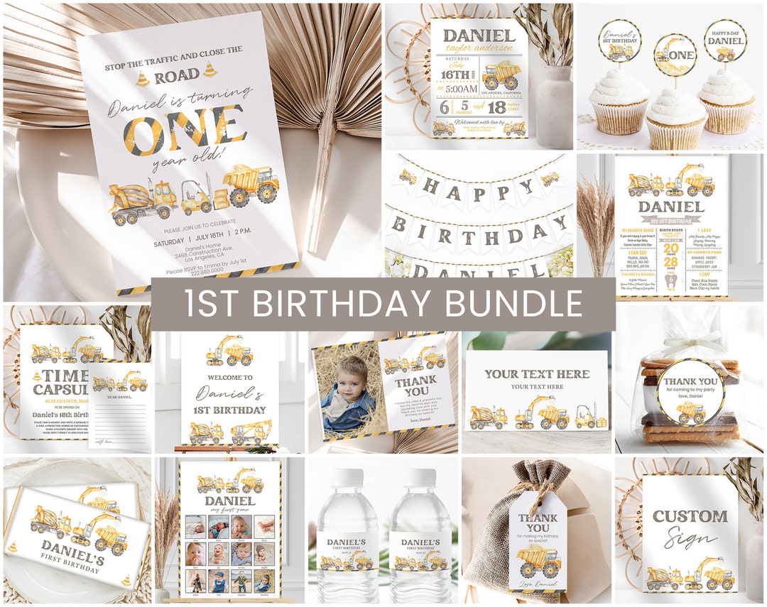 Construction First Birthday Invitation Bundle Printable Boy 1st ...