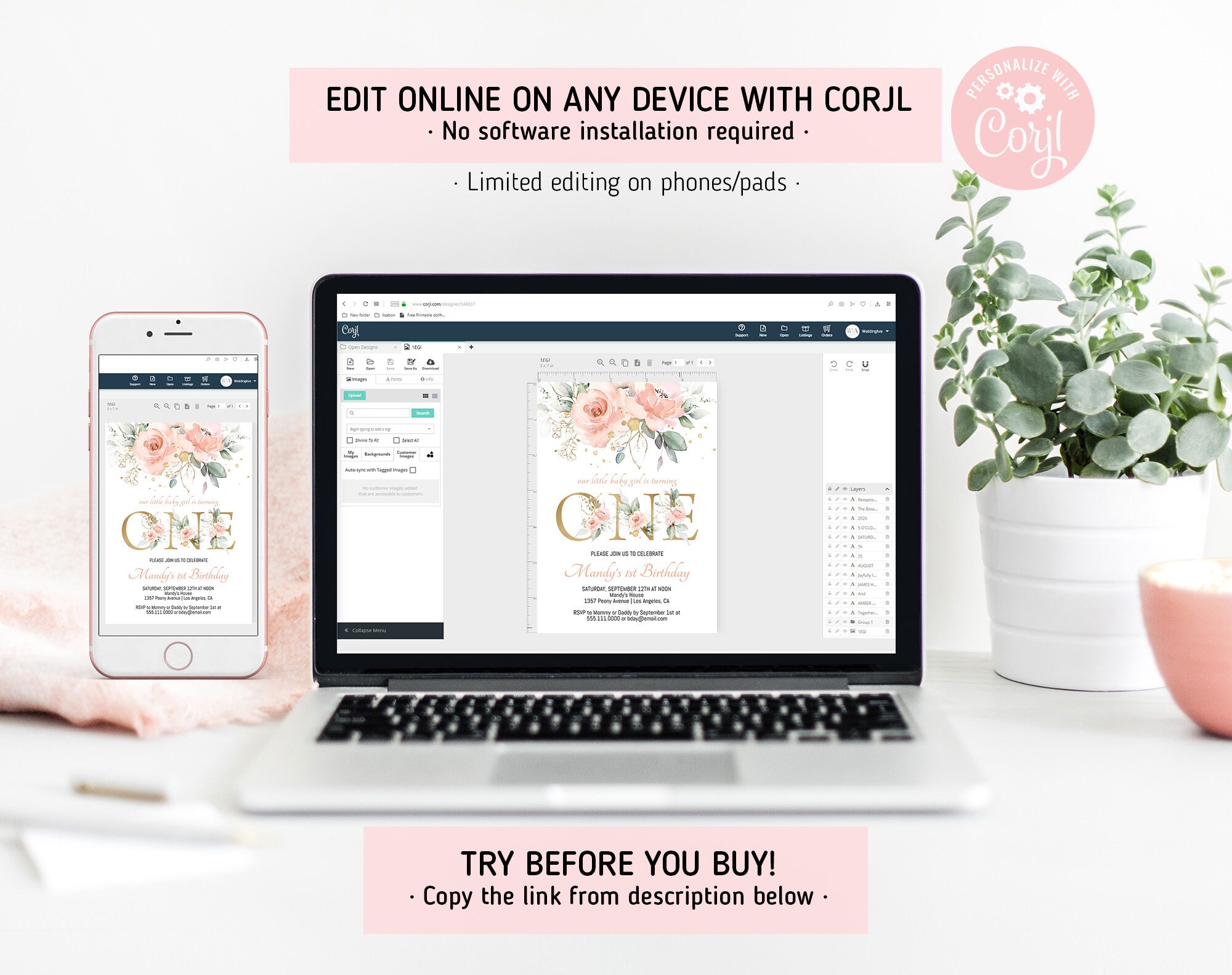 Boho Floral Birthday Invitation Template Printable 1st - Etsy