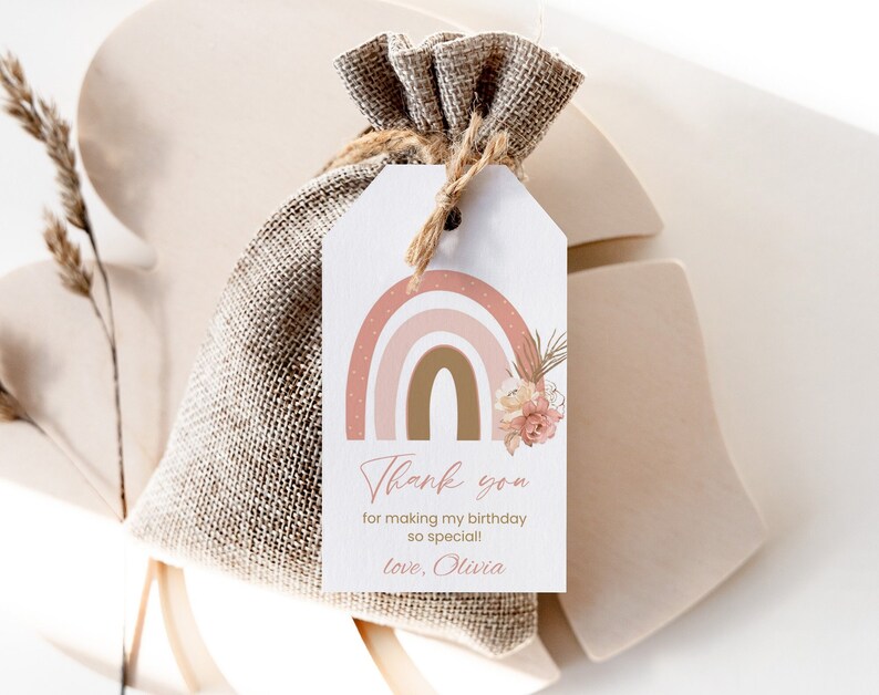 Rainbow Birthday Favor Tag, Boho Floral 1st Birthday Gift Tags for Girl ...