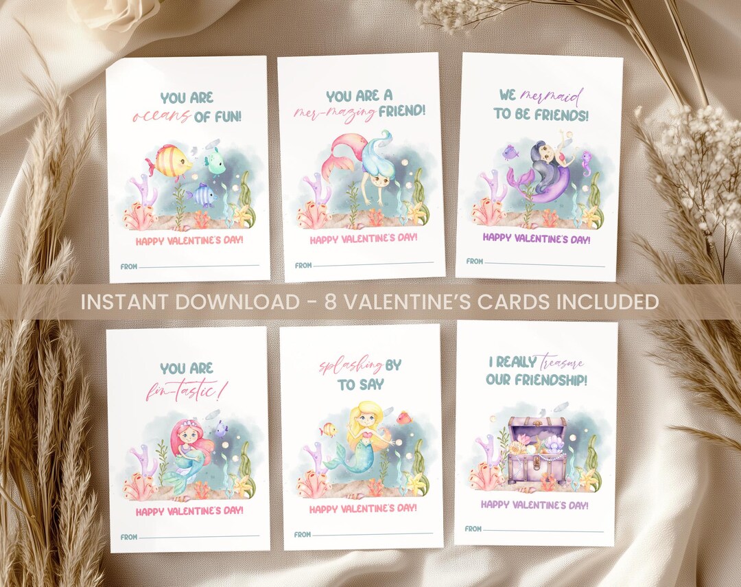 Printable Mermaid Valentine Cards, Kids Valentine Day Gift Tags, Funny ...