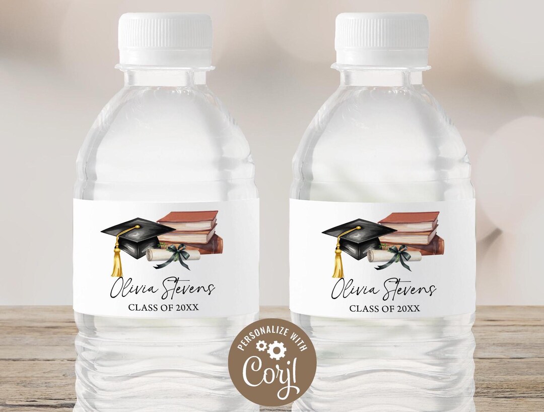 Editable Water Bottle Labels | Cap & Tassel, Diploma | Printable ...