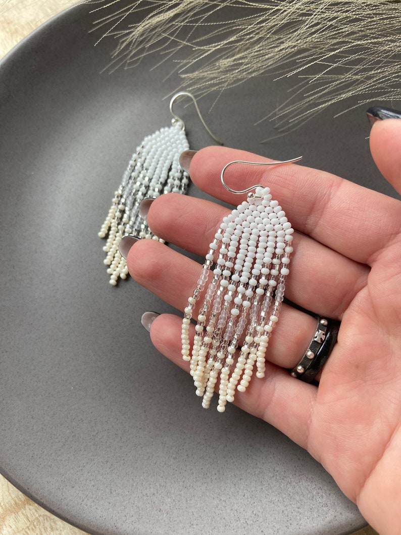 White Beaded Earrings Fringe Ombre Earrings Wedding - Etsy