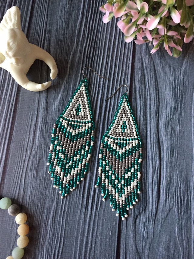 Turquoise Beaded Earrings. Long Fringe Earrings. Handwoven - Etsy