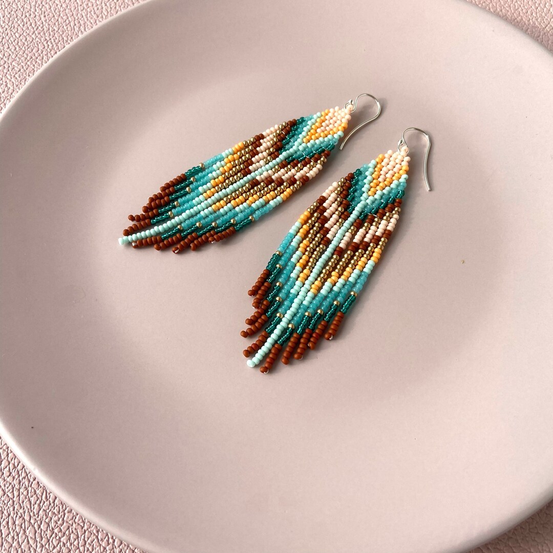Turquoise Fringe Beaded Earrings - Feather Seed Bead Earrings - Dangle ...