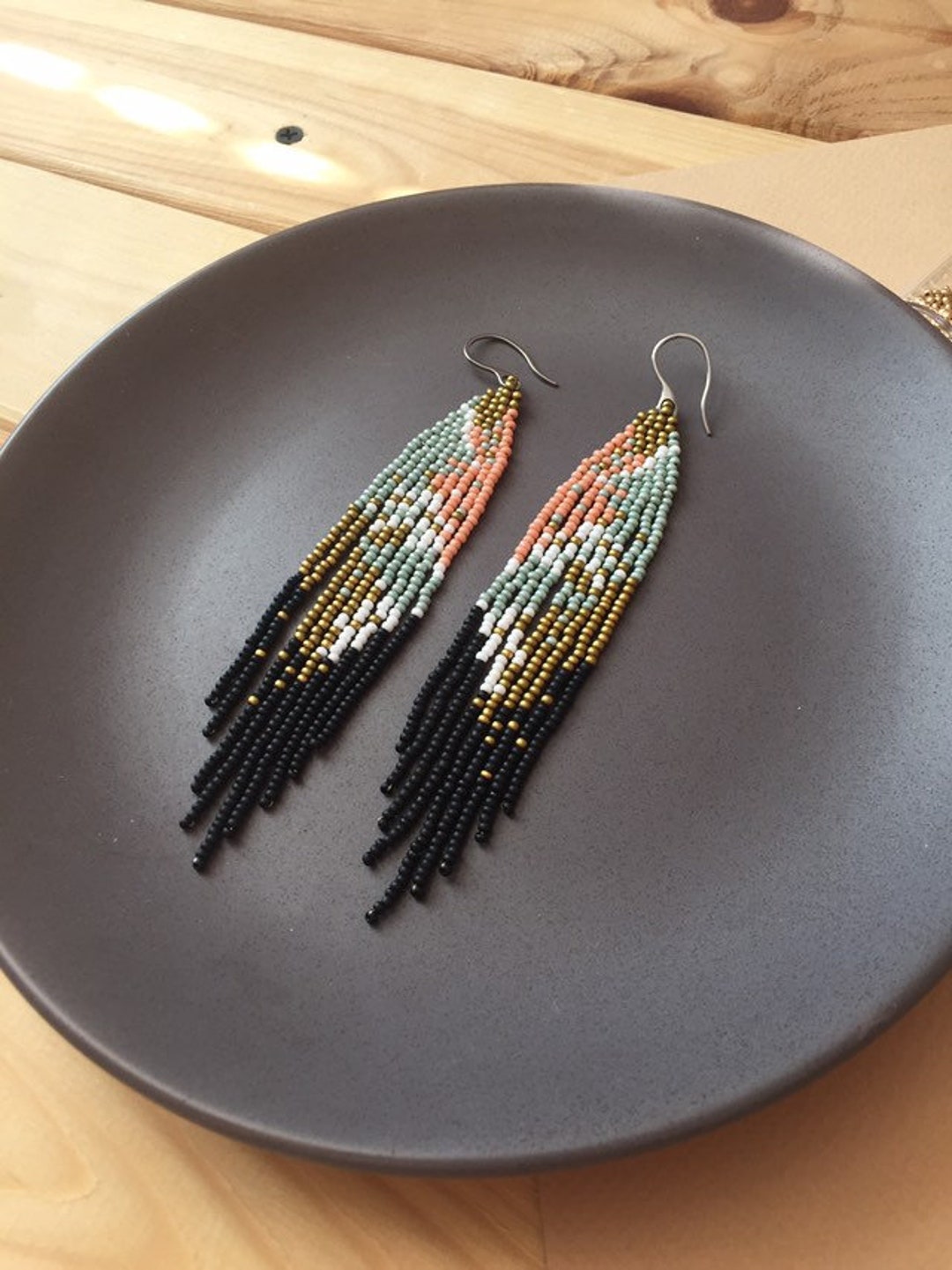 Long Bohemian Seed Bead Earrings. Turquoise/black/bronze Statement ...