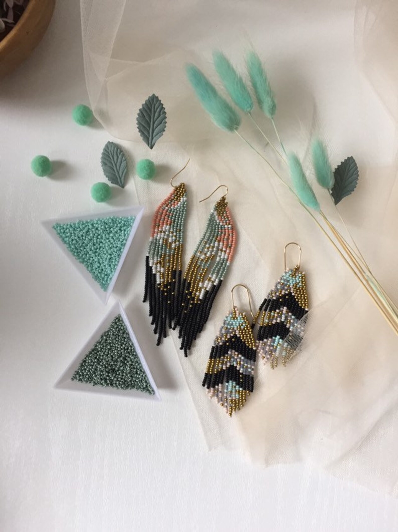 Long Bohemian seed bead earrings. Turquoise/black/bronze | Etsy