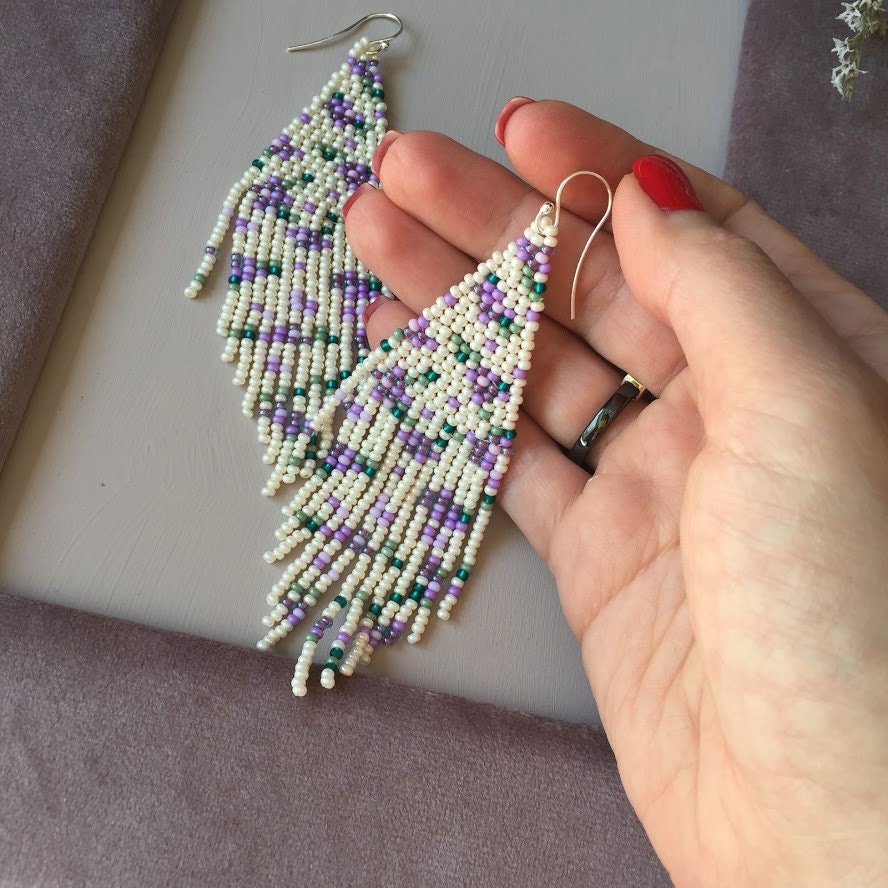 White Beaded Earrings With Floral Print Fringe Statement | Etsy