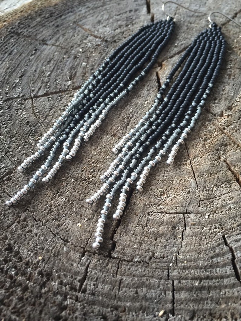 Black Beaded Earrings, Silver Ombre Fringe, Dangle Earrings - Etsy