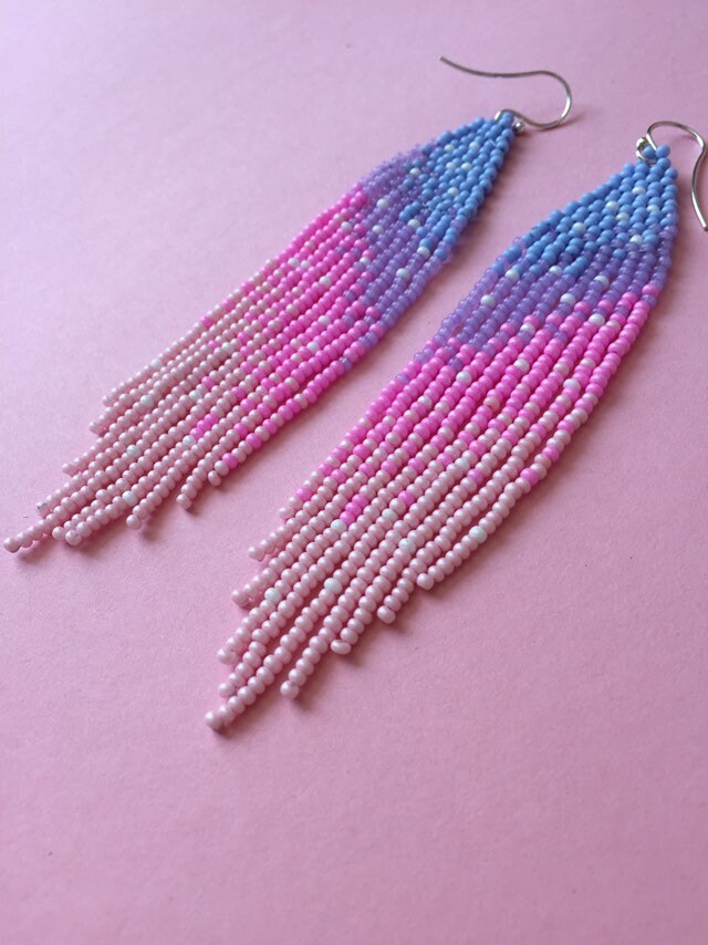 Pink Beaded Earrings Long Fringe Earrings Statement Dangle - Etsy