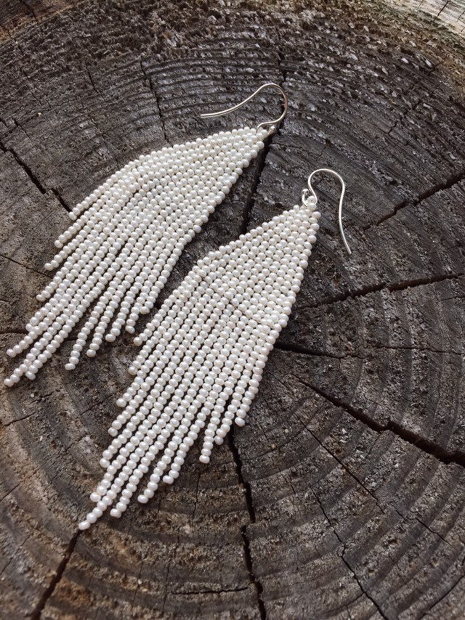 White dangle beaded earrings Fringe handmade earnings | Etsy