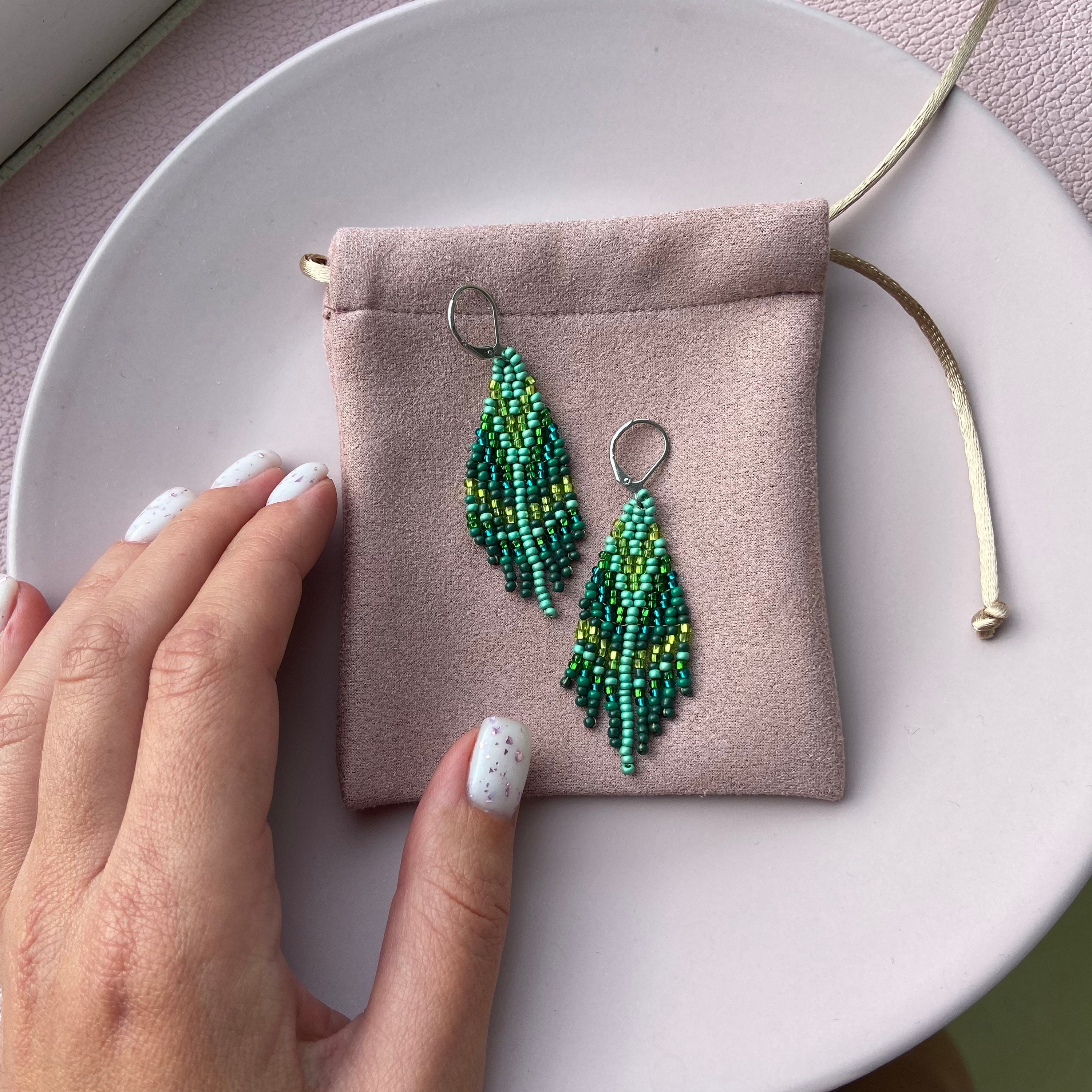 Green Seed Bead Dangle Earrings - Sterling Silver Hooks, Boho Jewelry ...