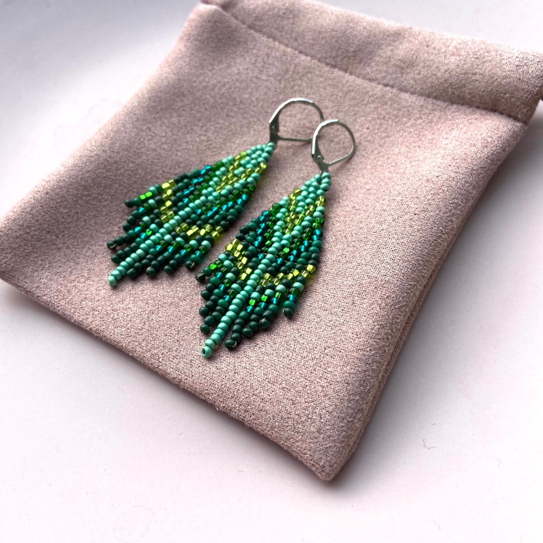 Green Seed Bead Dangle Earrings - Sterling Silver Hooks, Boho Jewelry ...