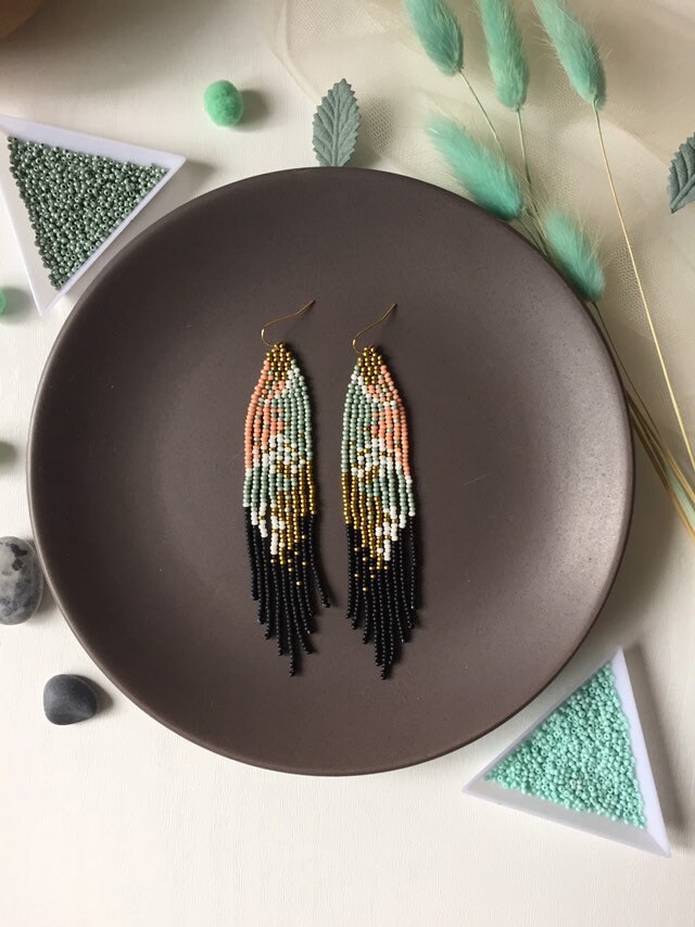 Long Bohemian seed bead earrings. Turquoise/black/bronze | Etsy