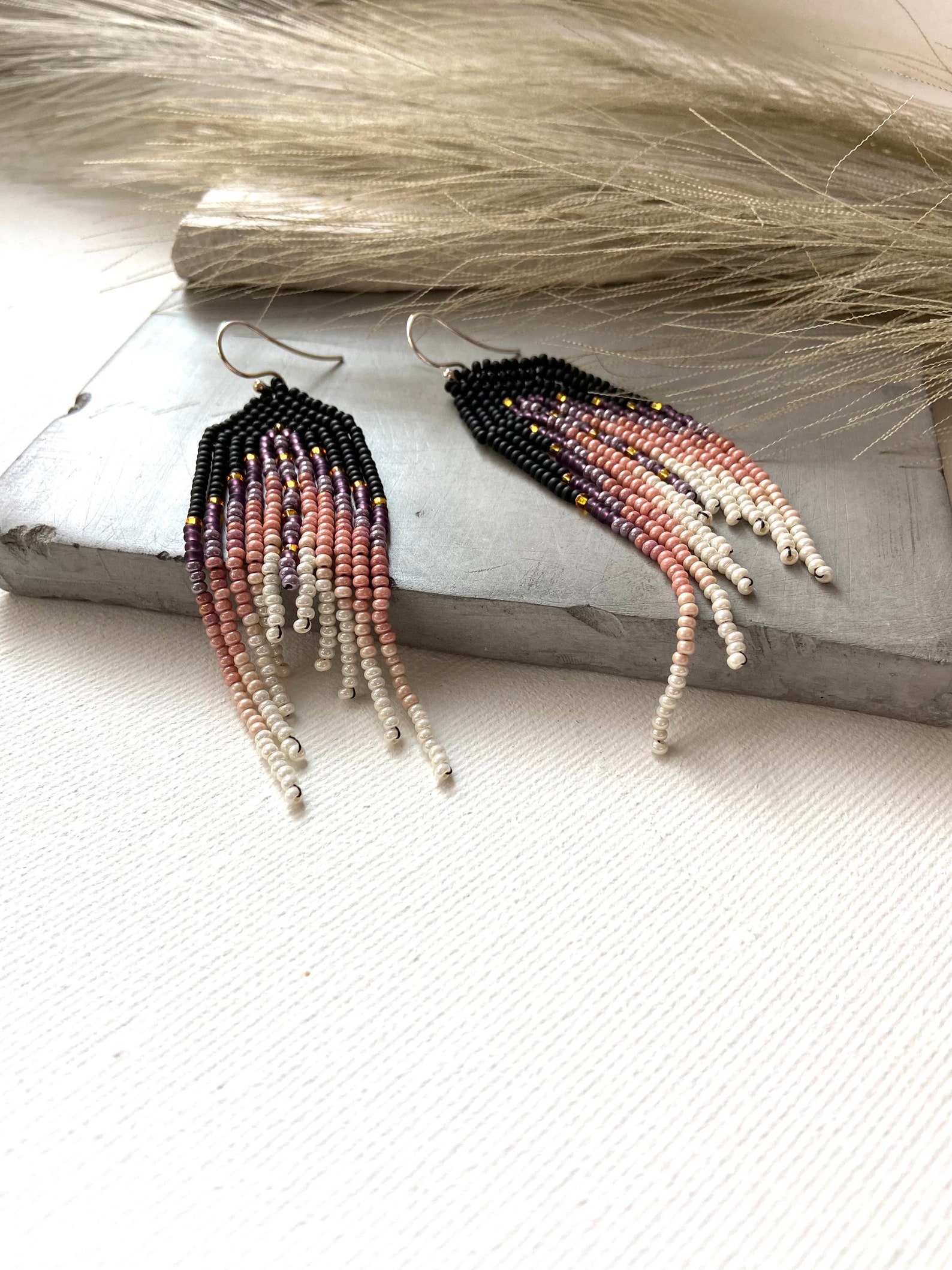 Black Fringe Beaded Earrings Ivory Ombre Seed Bead Earrings Etsy