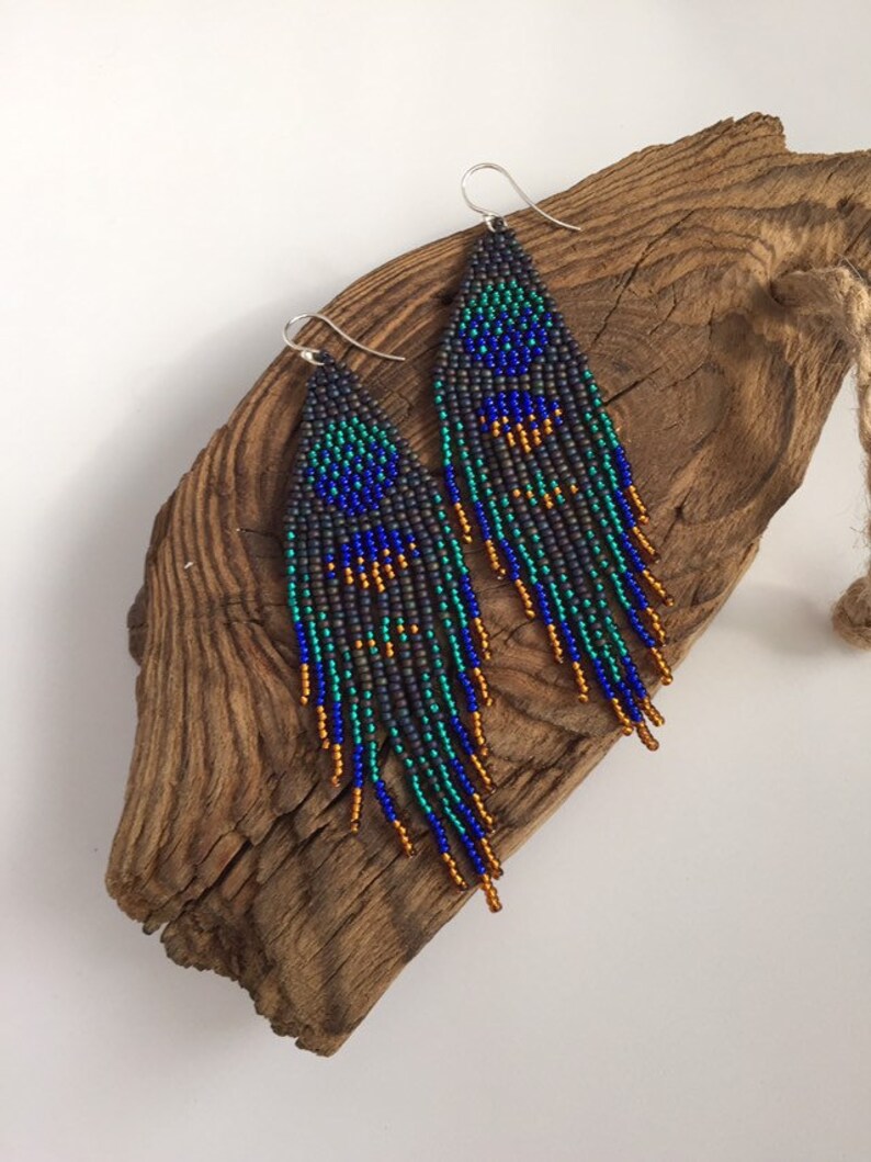 Black dangle seed bead earrings Bohemian fringe earrings | Etsy